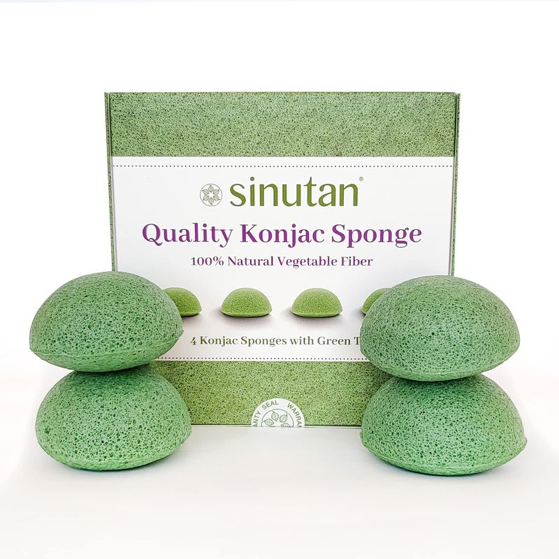 SINUTAN Konjac Face Sponge, 100% Natural Green Tea (Set of 4), Konjac ...