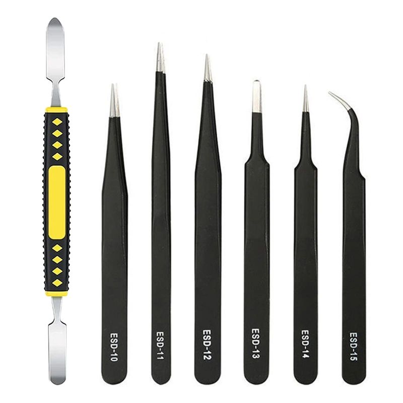 Cdemiy Precision Tweezers, 7 PCS ESD Tweezers Set with Crowbar, Anti ...