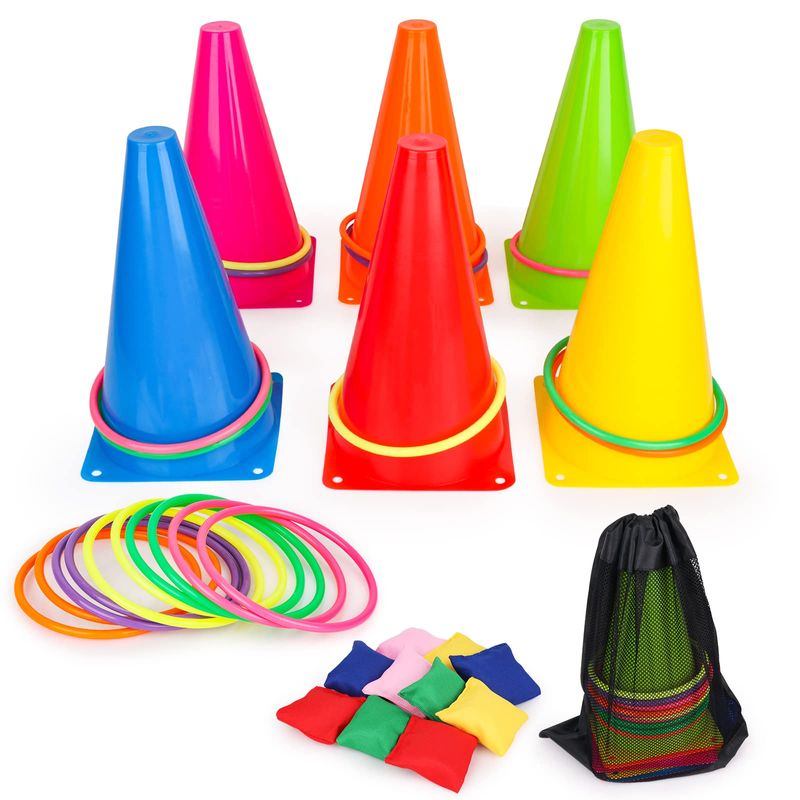 3 in 1 Carnival Games Set, Soft Plastic Cones Cornhole Bean Bags Ring Toss Games for Carnival ...