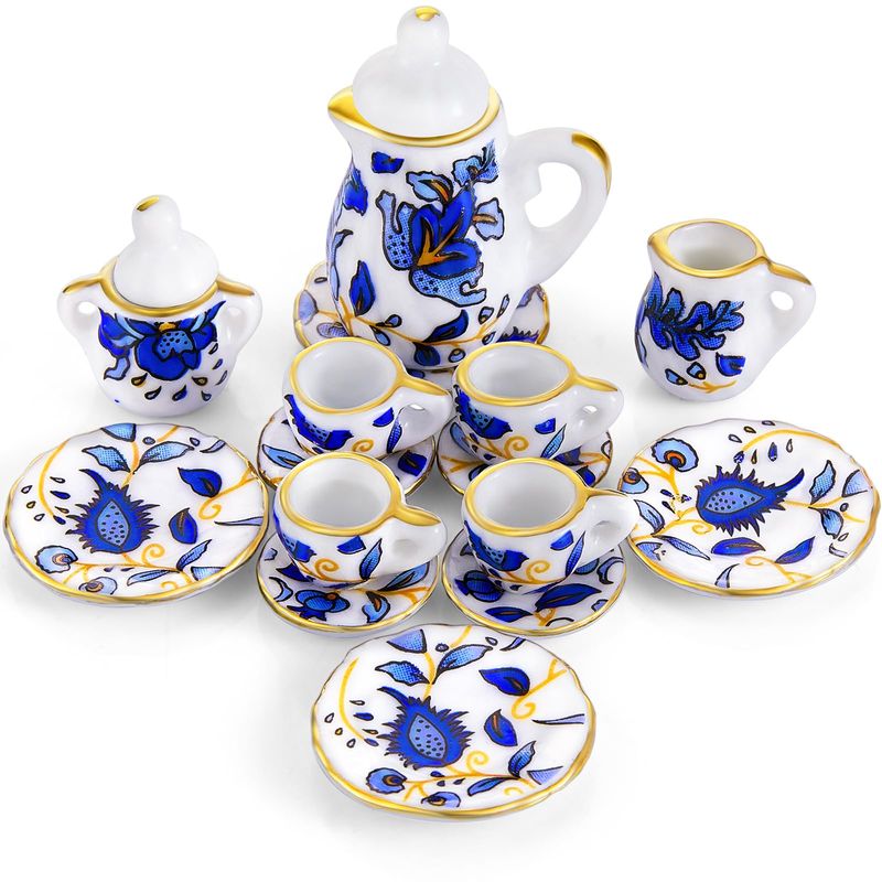 15 Pieces Miniature Porcelain Tea Cup Set Kitchen Miniature Porcelain ...