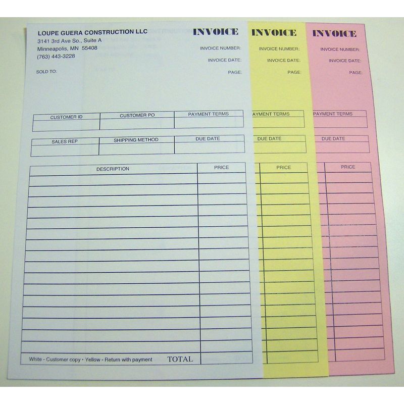 500 Printed 3 Part Carbonless Sets Custom Forms 8.5" x 5.5" business ...
