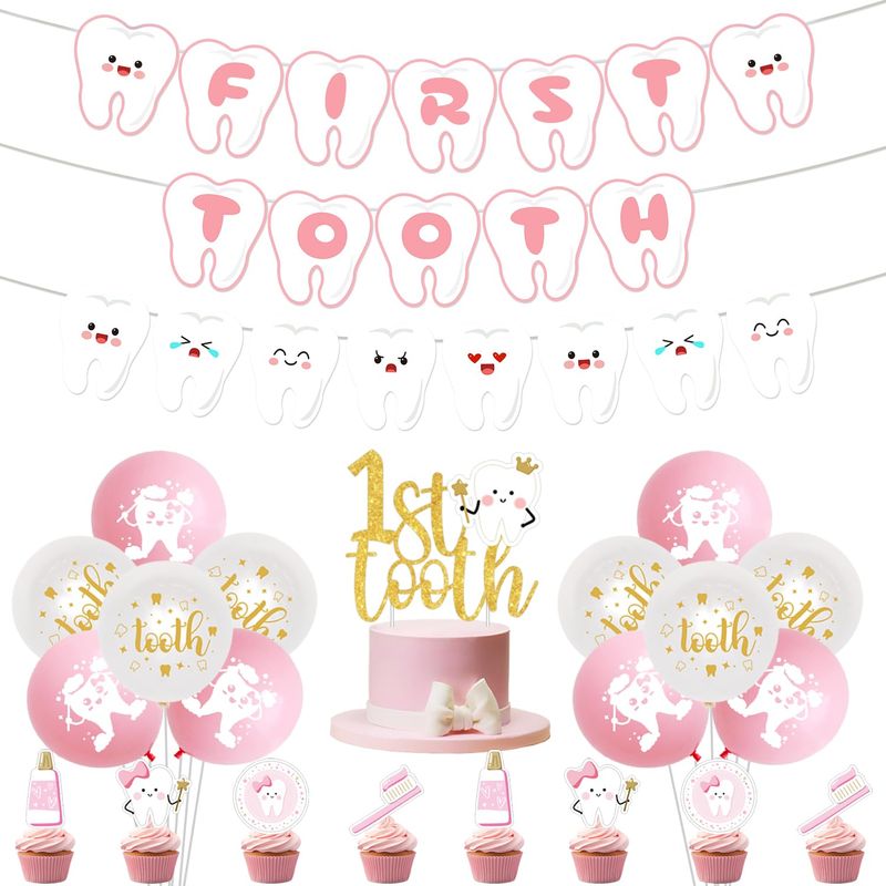 First Tooth Theme Party Decorations Pink Dental Theme Party Decorations ...