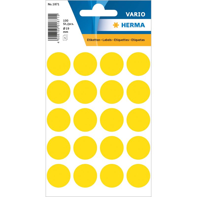 HERMA Dot Stickers Yellow, 100 Labels, Ø 19 mm, 20 Labels per Sheet ...