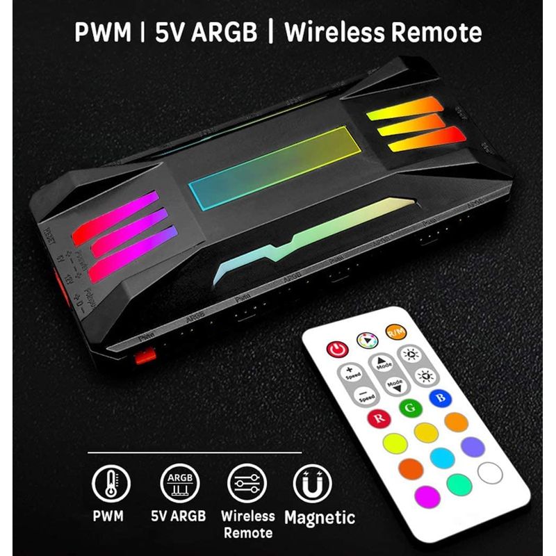 Aukuoy ARGB PWM Fan Hub Wireless Computer RGB Light Remote Control,8 * ...