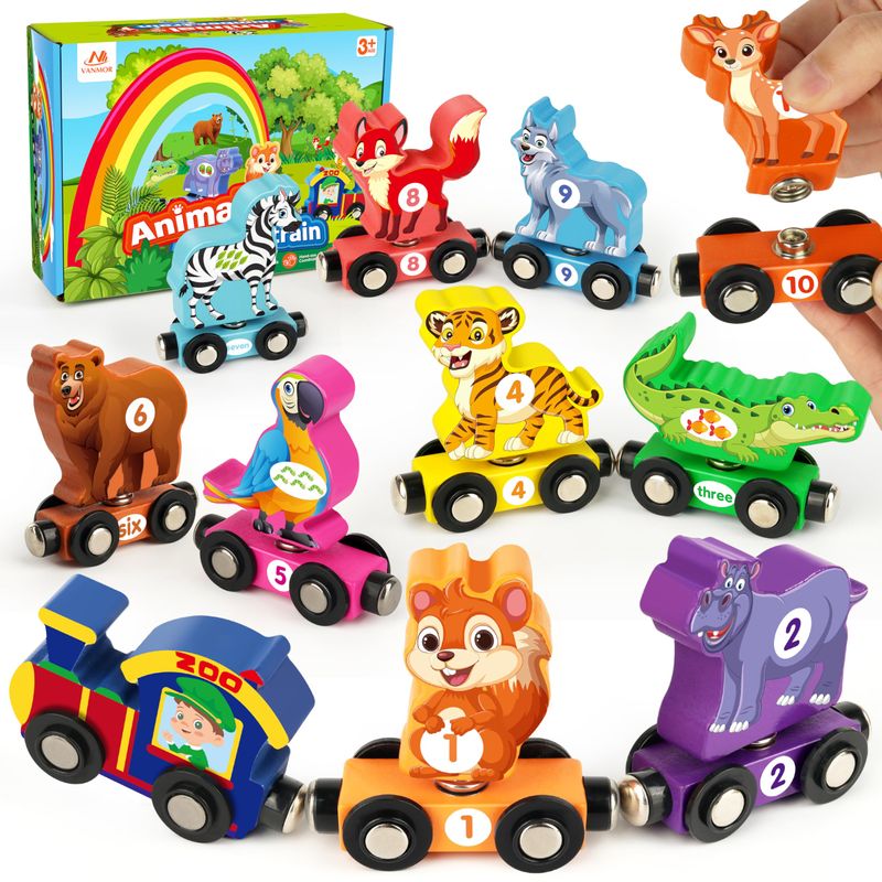 Vanmor Wooden Train Set with Animal Toys, Snap-Connection Animal Train ...
