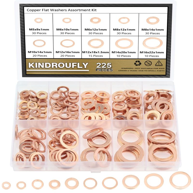 225 Pieces Copper Metric Flat Washers, Sealing Washers, Kindroufly 10 ...
