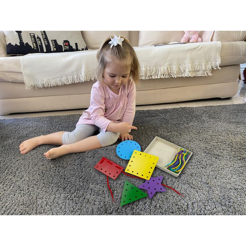 OLYDAUS 5 Pcs Double-Sided Shape Panels Wooden Threading Toy Lacing ...