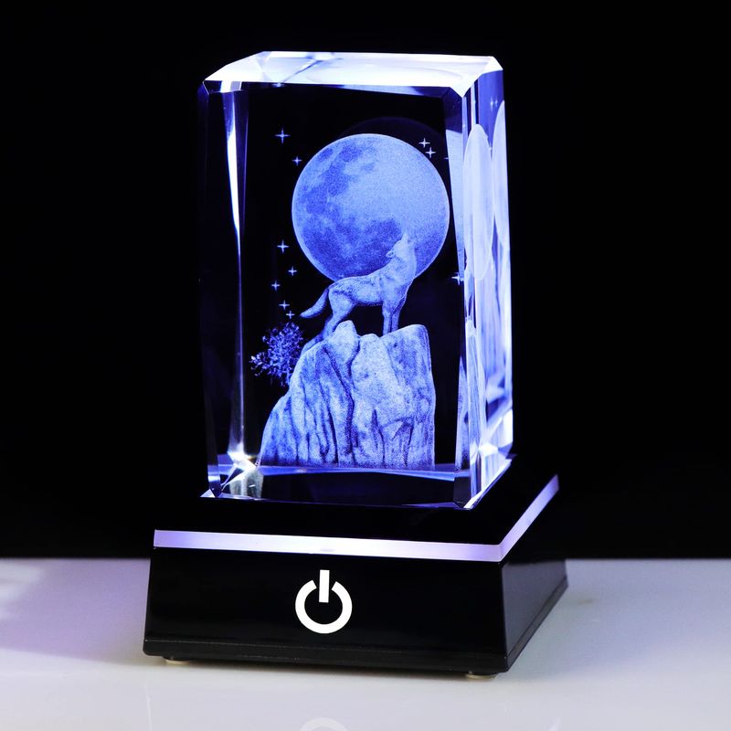 3D Crystal Wolf Gifts for Men Women, Etched Moon Howling Wolf Figurines ...
