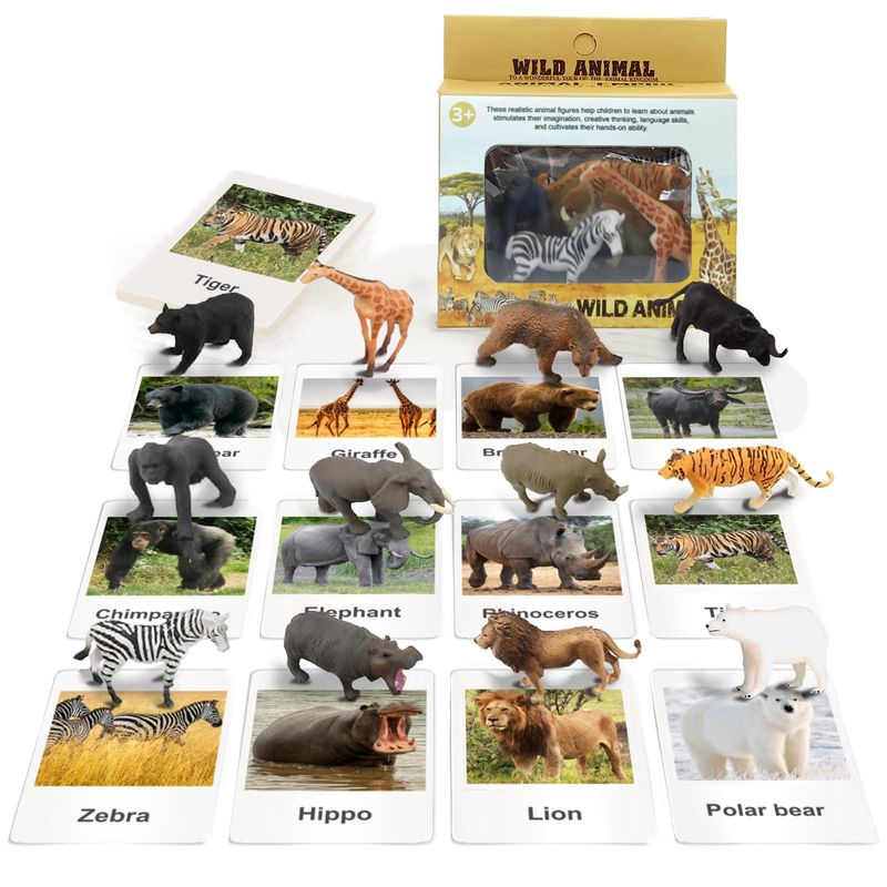 RUSON 12 Safari Animals Figures Toys with 12 Flash Cards, Realistic Mini Jungle Animal Figurines ...