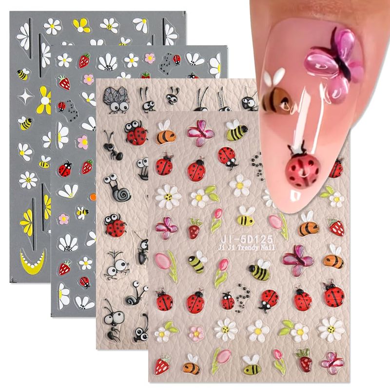 Cute Bee Ladybug Ant Nail Art Stickers, 4 Sheets 5D Embossed Self ...