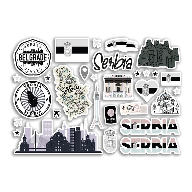 A5 Sticker Sheet Serbia Landmarks Vinyl Stickers - BW Serbian Map ...