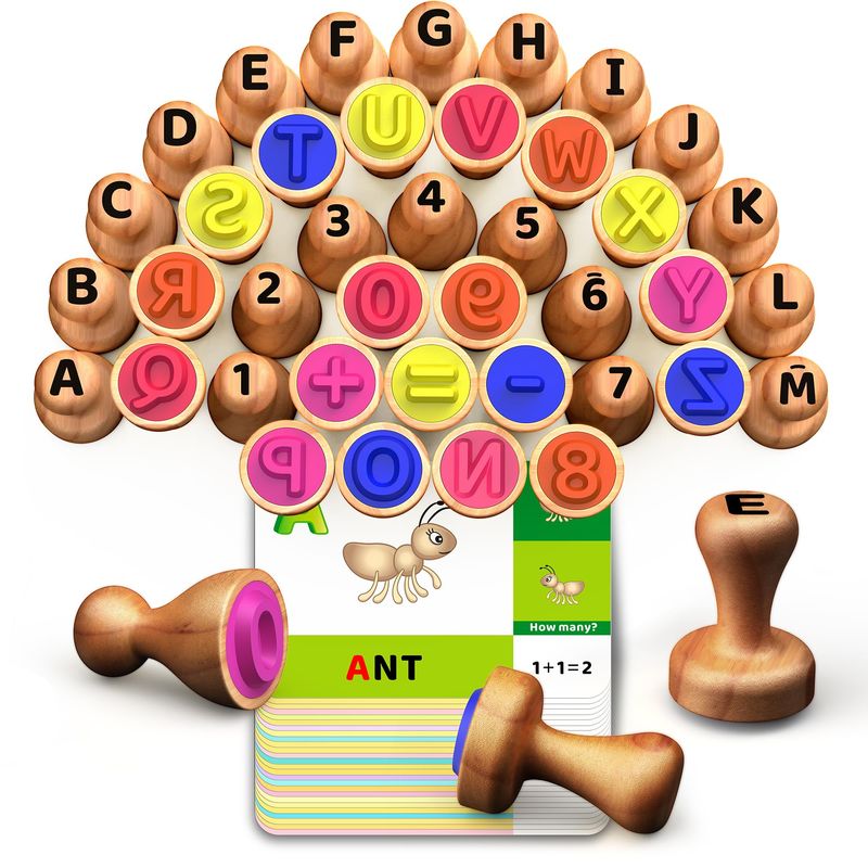 Wooden Alphabet Number Stamps for Kids, Letter ABC Math Learning ...