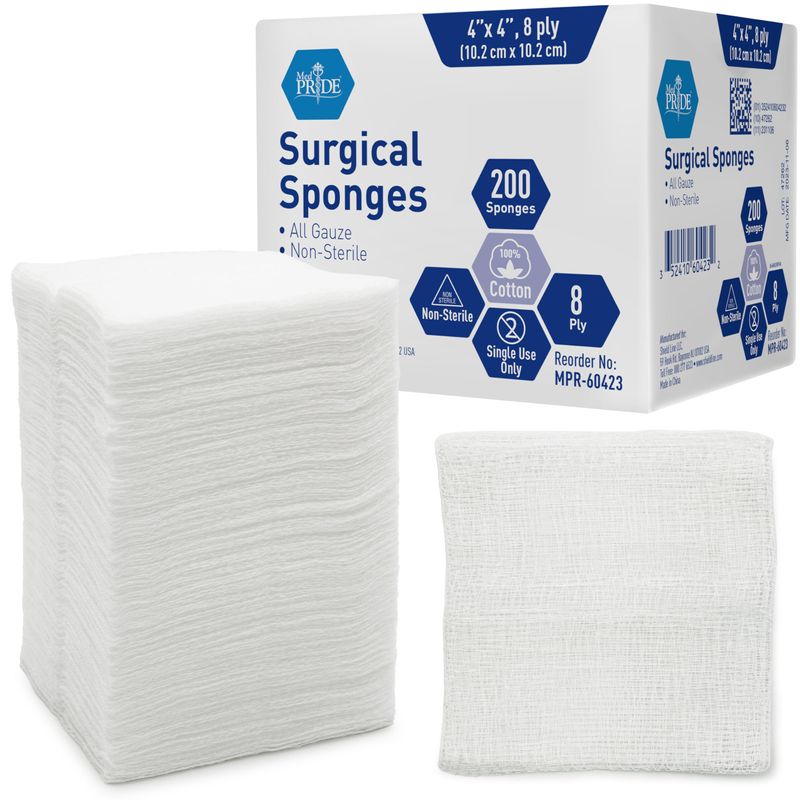 MED PRIDE Surgical Sponges 200 Pack 4'' x 4'', 8 ply -Gauze Pads Non ...