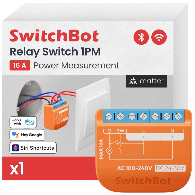 SwitchBot Smart Relay Switch 1PM, Power Metering Smart Relay Module with Built-in Hub, Wi-Fi ...