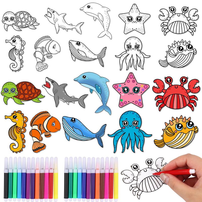 60 Set Ocean Animal Art Cards DIY Sea Animals Coloring Magnet Ornaments ...