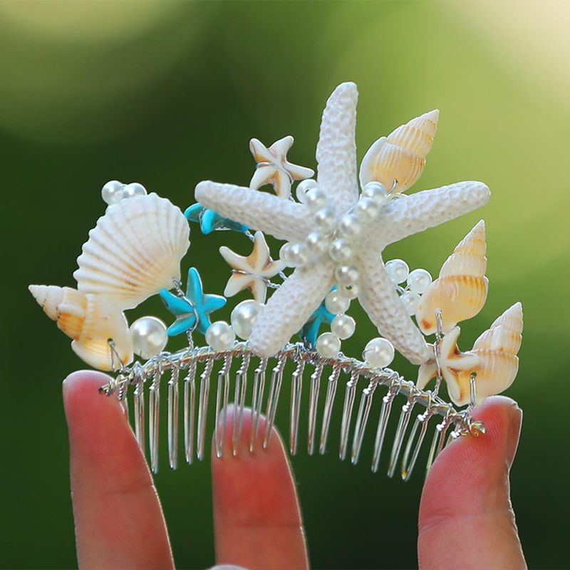 Brishow Starfish Tiara Comb Silver Seashell Crown Combs Pearl Sand ...