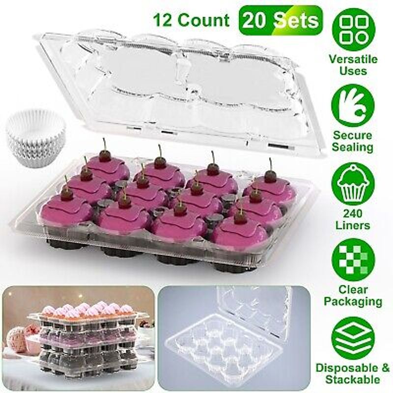 20 Sets Clear Cupcake Boxes 240 Liners High Dome Lid Disposable ...