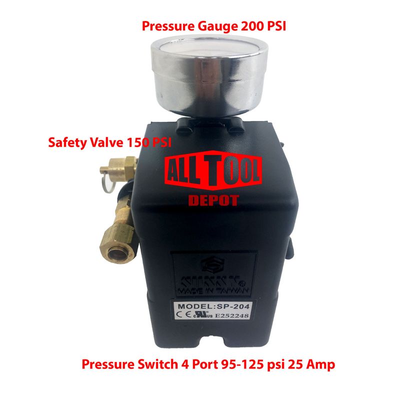 25 Amp Pressure Switch set 4 Port 95-125 PSI w/ Gauge w/ Safety valve ...
