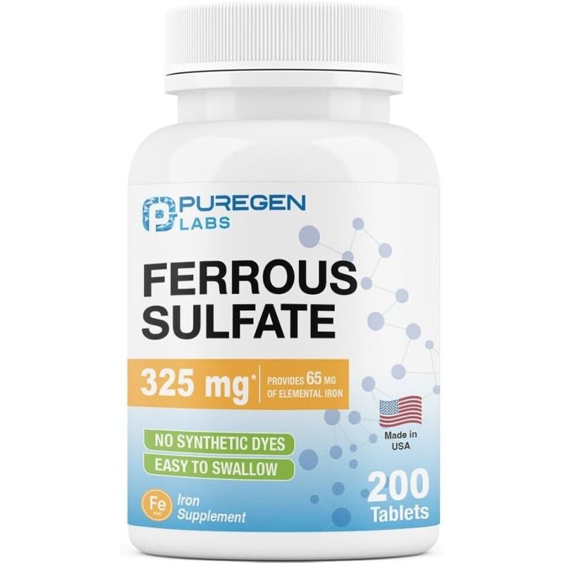 Puregen Labs Ferrous Sulfate 325 mg 65 mg Elemental Iron High Potency ...