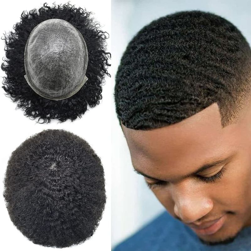 Afro Toupee for Black Men Full Poly Skin PU Injection Wave African ...