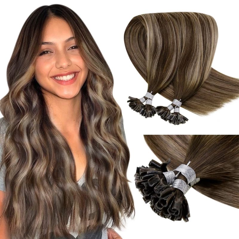 LaaVoo Bondings Real Hair Extensions Brown Balayage 40 cm U-Tips Bonding Brown Ombre Ash Blonde ...