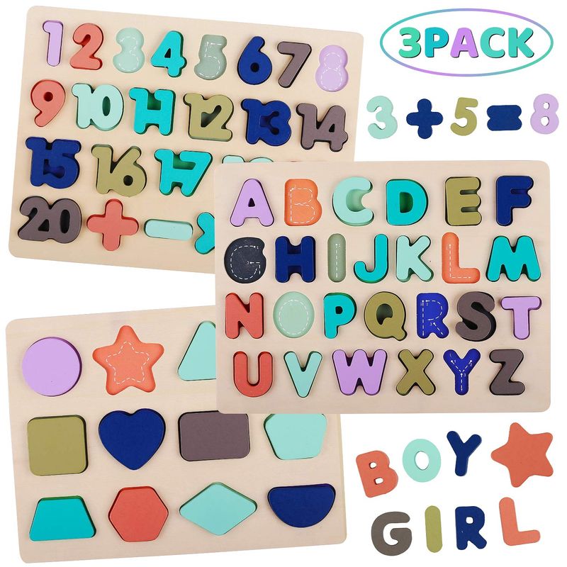 Wooden Puzzles for Toddlers, LENNYSTONE Alphabet Number Shape Puzzles ...