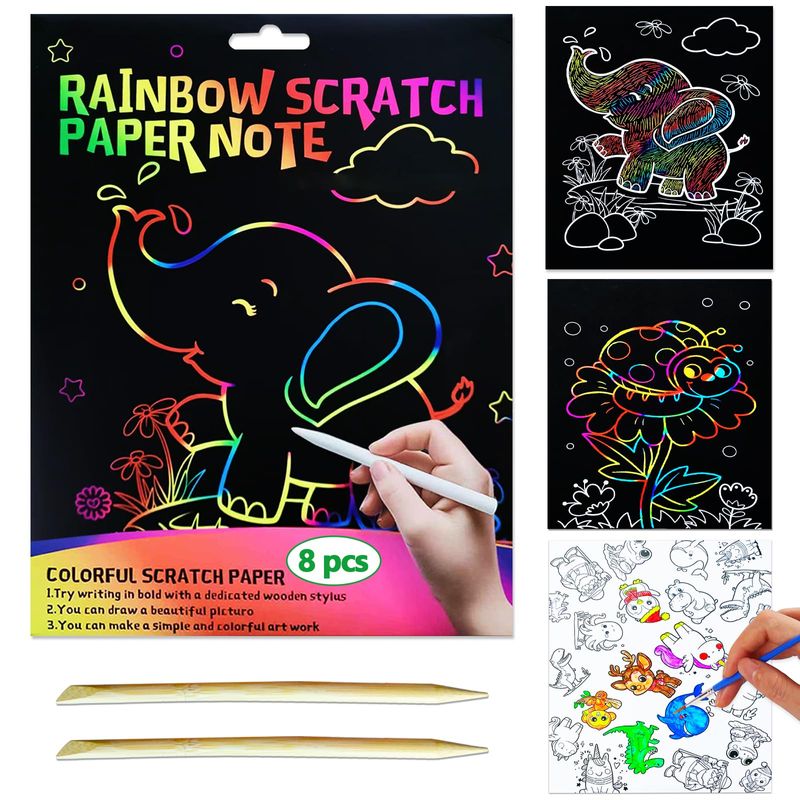 JUNQIU Scratch Art for Kids, Rainbow Scratch Paper Art Set - Animals ...