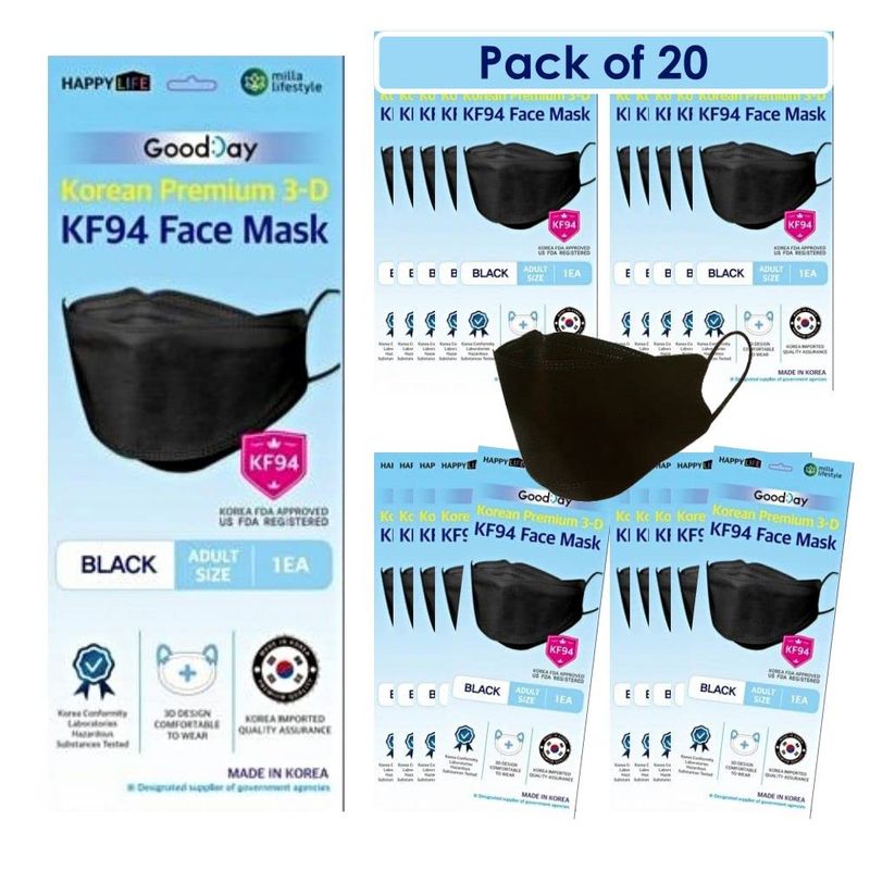 (Pack of 20) Black Disposable KF-94 Face Mask, 4-Layer Filters, KF-94 ...