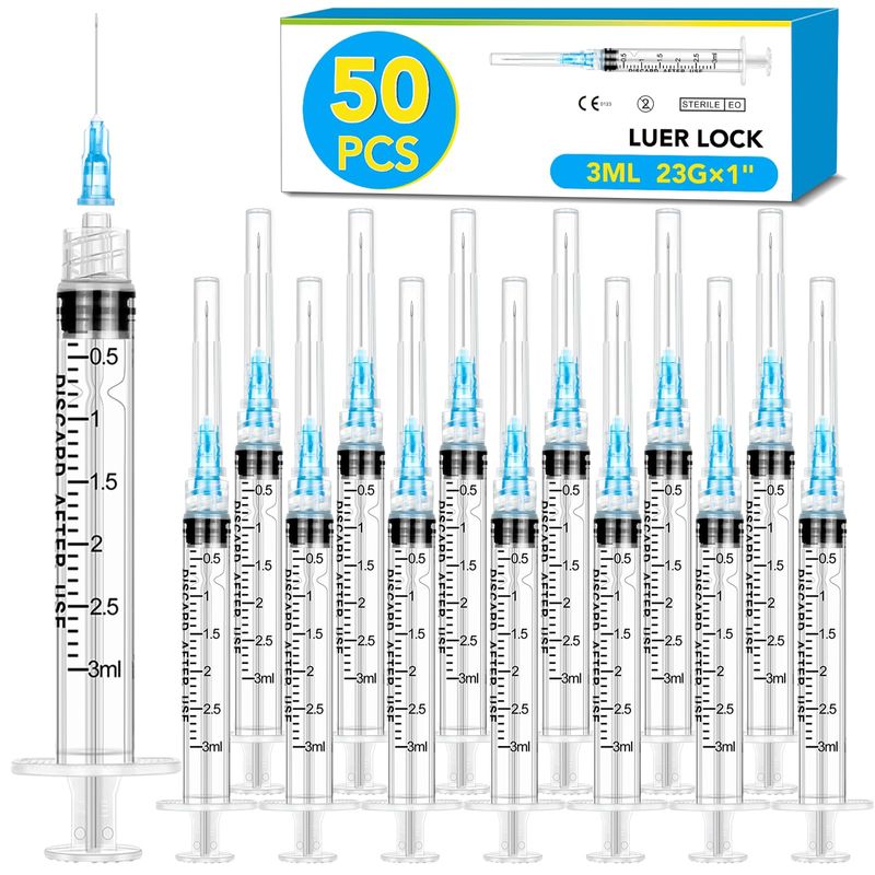 50 Pack 3ml Syringes with Needle-23Ga 1 Inch Needle with Luer Lock ...