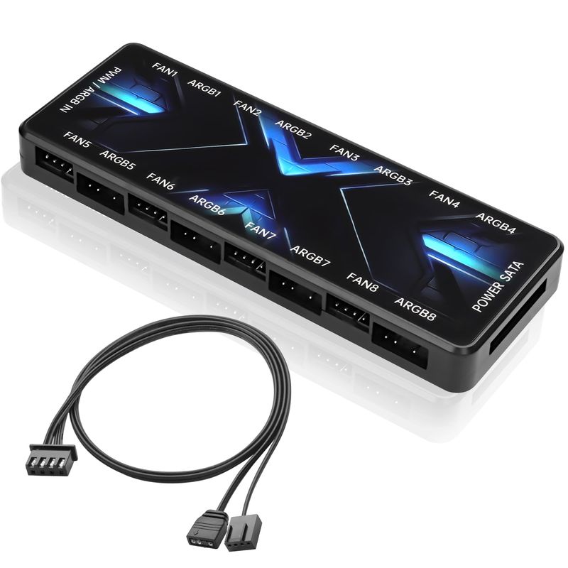 MEIRIYFA ARGB PWM Controller Hub 12V 4Pin PWM & 5V 3Pin ARGB with SATA Power 2-in-1 Hub 8-Way PC ...