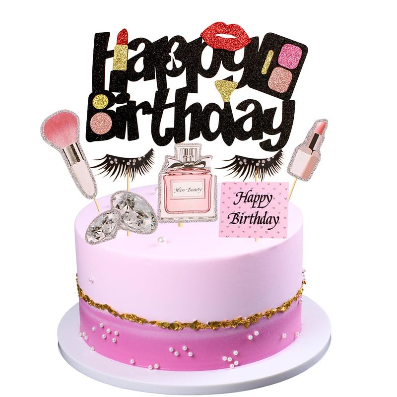 Weenkeey 15 Pcs Makeup Cupcake Toppers Cosmetics Theme Happy Birthday Cake Toppers Lipstick ...