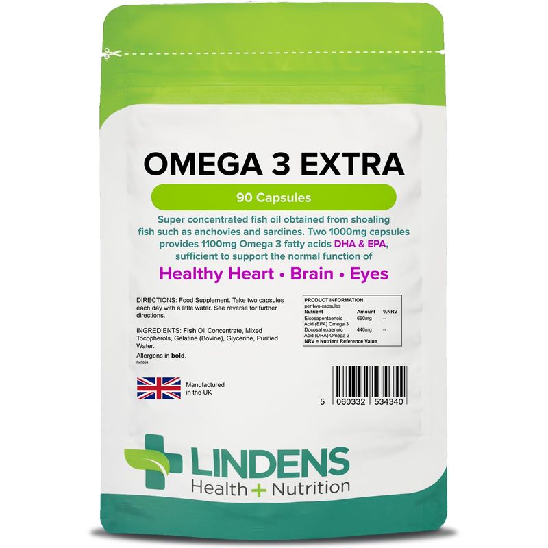 Lindens - Omega 3 Extra Fish Oil 1000mg, 90 Capsules - 1100mg Omega 3 ...