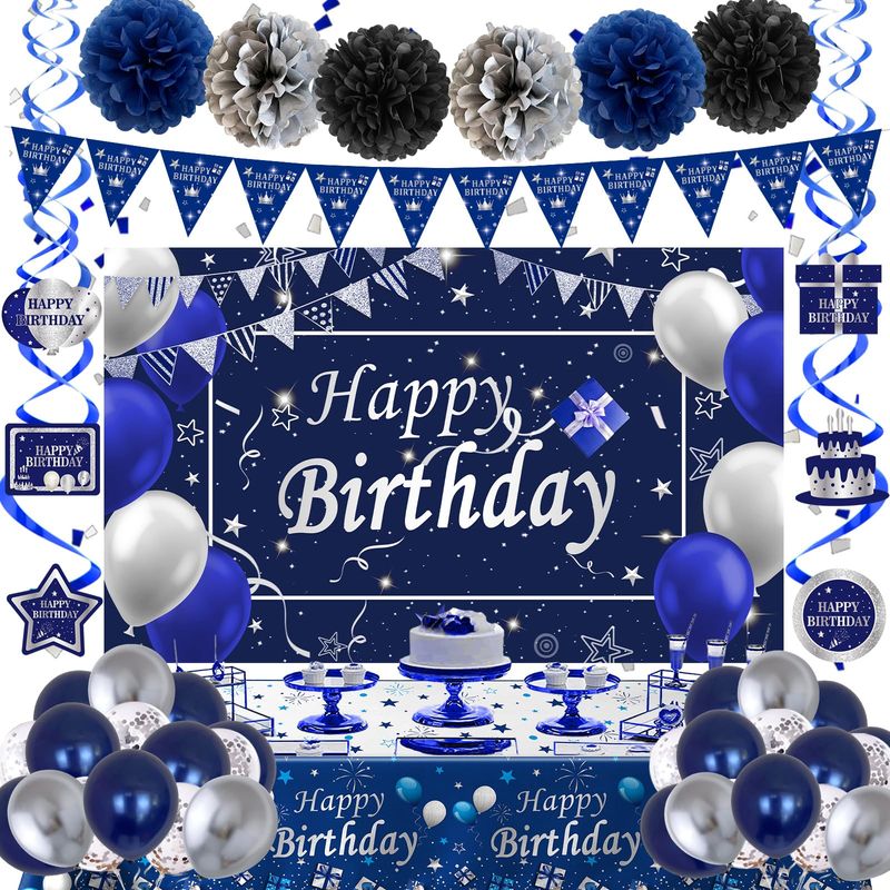 Blue Birthday Decorations for Men Women Boys, Navy Blue and Silver Happy Birthday Decorations ...