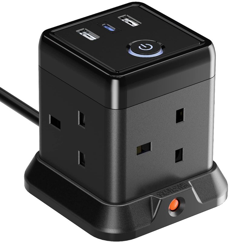 Hulker Cube Extension Lead with USB Ports (20W PD USB C), 4 Way Multi ...