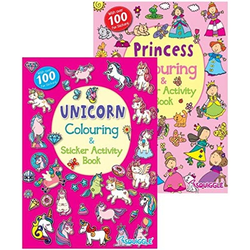 Squiggle A4 Unicorn & Princess Sticker Activity & Colouring Books - Set ...
