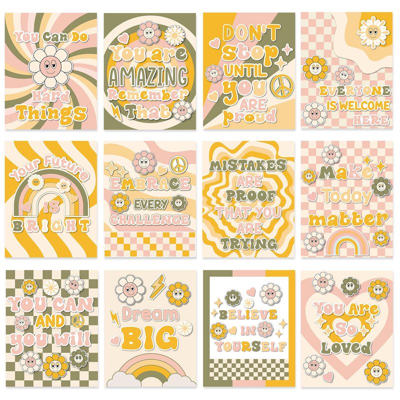 Nezyo 12 Pcs Retro Groovy Classroom Posters, Boho Hippie Flowers ...