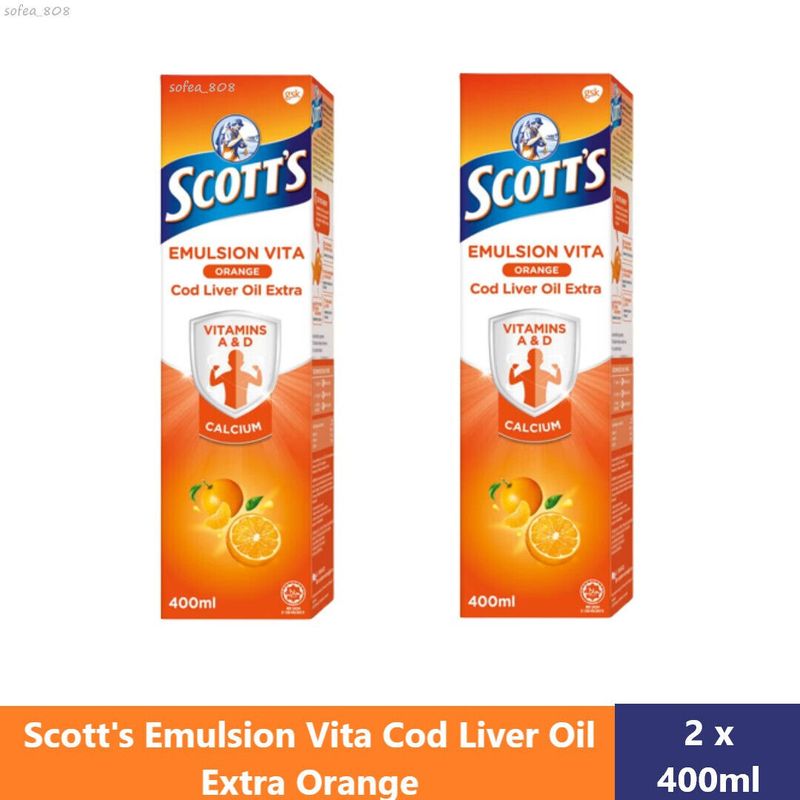2 x 400ML Scotts Emulsion Vita Cod Liver Oil Extra Orange Flavour ...