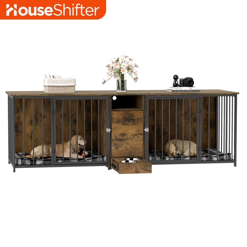 95" Long Dog Kennel Solid Wood Cage Pet Bowl Modern Sliding Door Crate ...