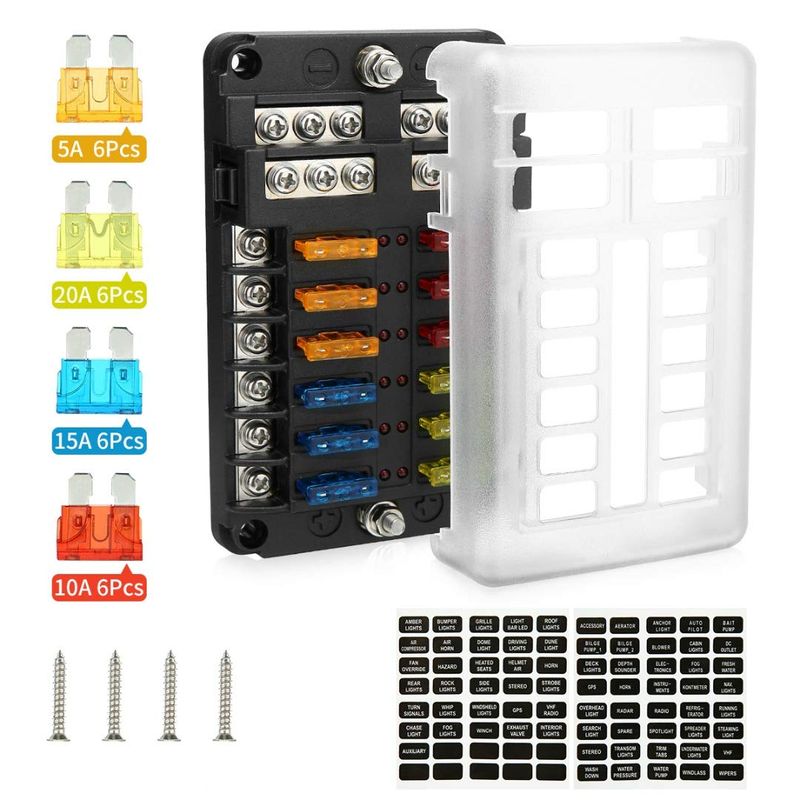 Aebitsry 12 Way Fuse Box Blade Fuse Block with LED Indicator W/Negative ...
