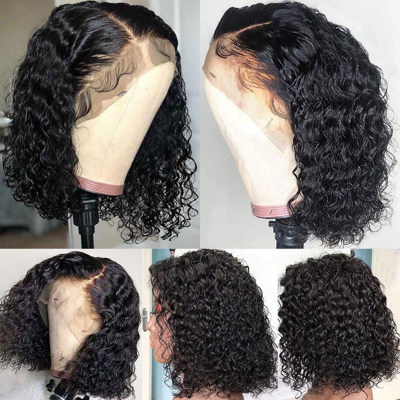 12 inch Short Curly Bob Wig Human Hair Deep Wave Bob Wig Lace Front ...