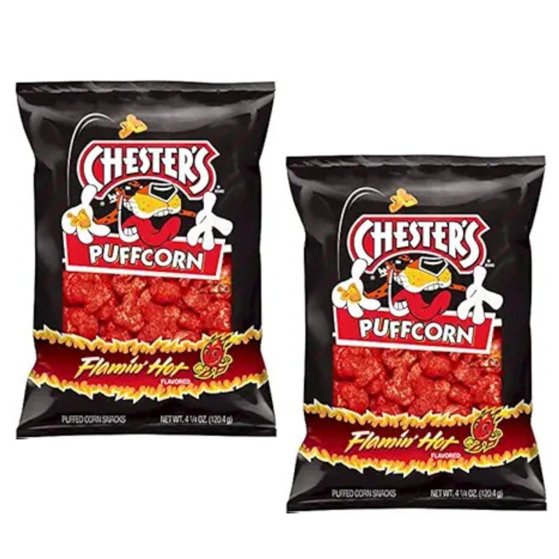 Chester's Puffcorn Flamin Hot Snacks Spicy Cheese Puffed Corn Treat 4. ...