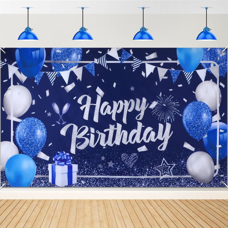 Navy Blue and Silver Happy Birthday Backdrop Banner, Navy Blue Birthday Party Decoration Banner ...