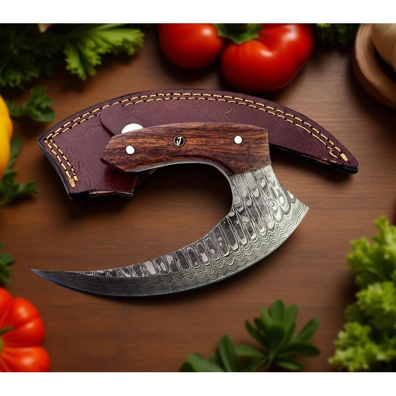 Jayger Handmade Alaskan Ulu Knife with Leather Sheath | Damascus Steel ...