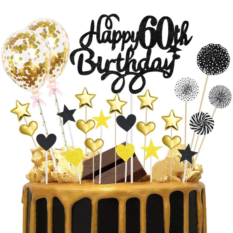 60th Birthday Cake Topper Black Gold, Glitter Happy 60th Birthday Cake ...