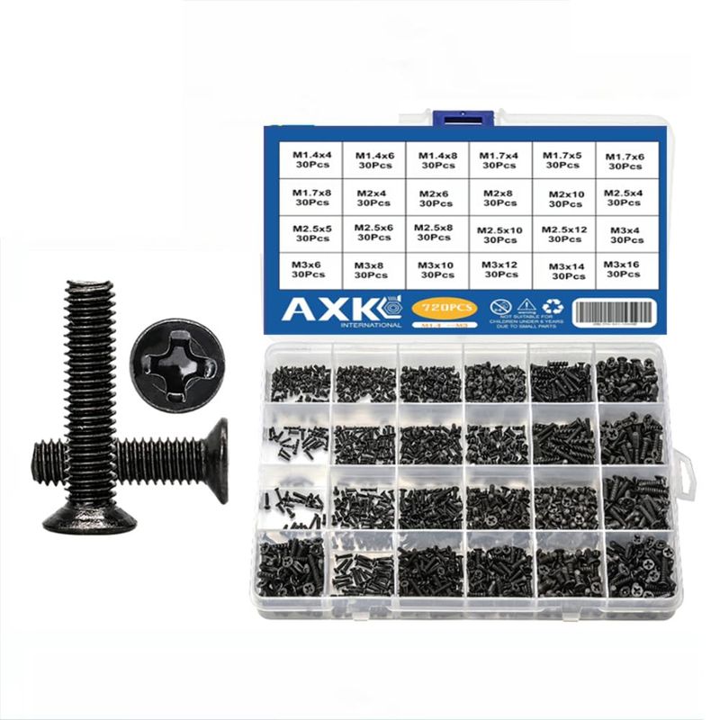 AXK 720pcs Countersunk Flat Head Phillips Small Mini Screw Set M1.4 M1 ...