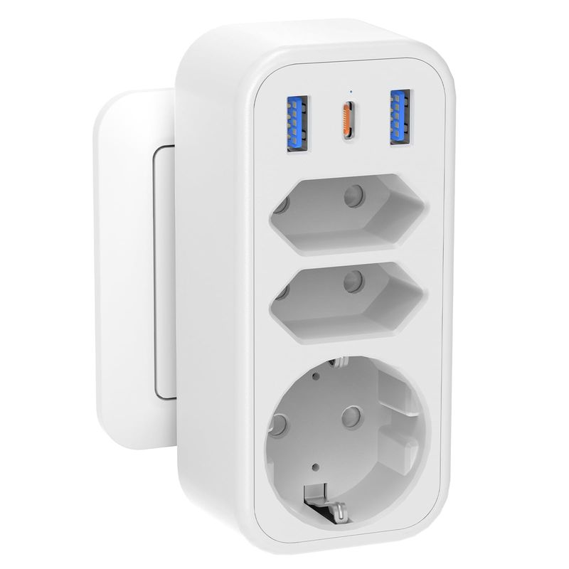 6 in 1 Multiple Plug Socket Adapter with 1 PD20W USB C, 4000W/16A 3-Way ...
