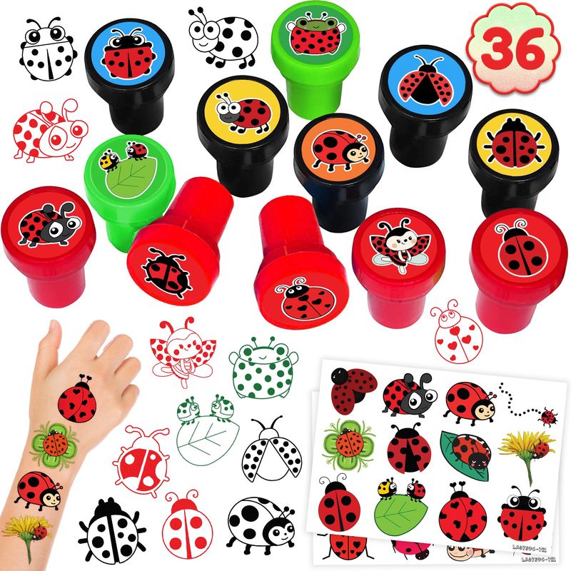 36PCS Ladybug Party Favors 24 Tattoos Sticker 12 Stamp Set - Ideal ...