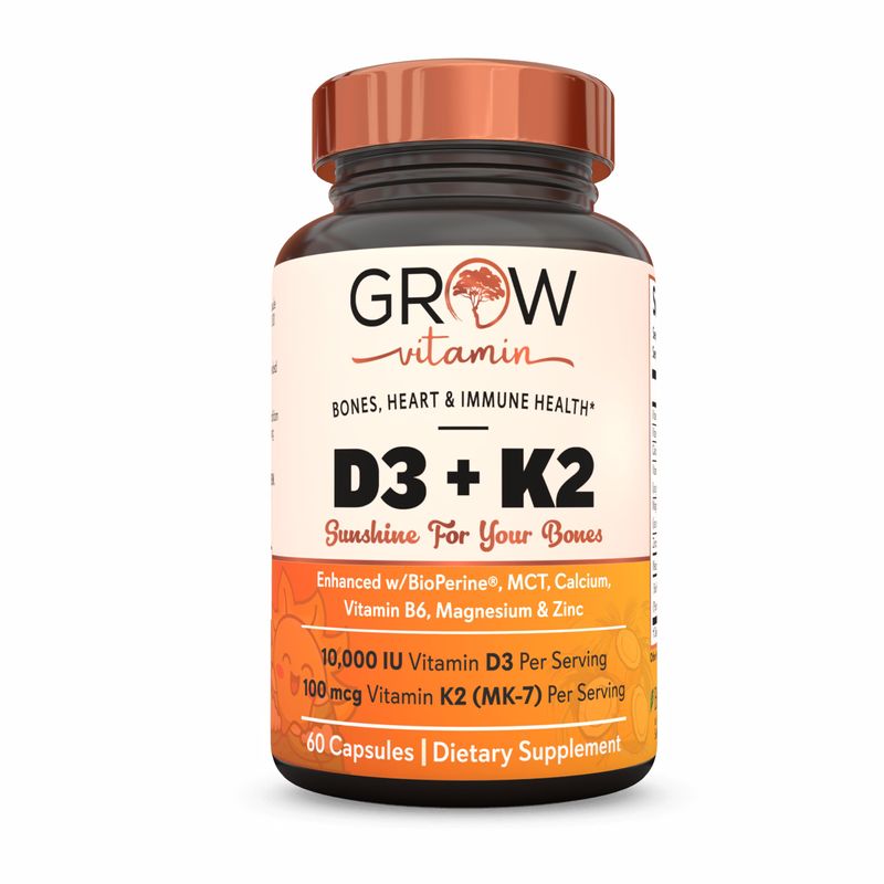 grow vitamin D3 K2 w/MCT Oil - 10,000 IU D3, 100 mcg K2 MK7, Calcium, Zinc, BioPerine, Magnesium ...