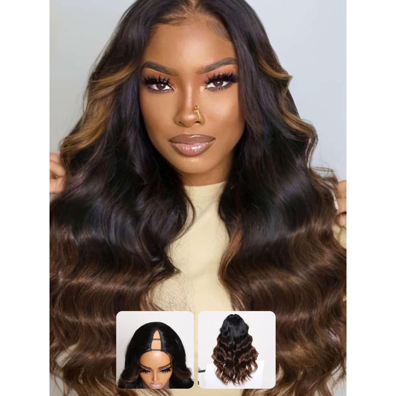 Nadula Highlight V Part Body Wave Wigs Human Hair No Leave Out Black to Chestnut Brown Ombre ...