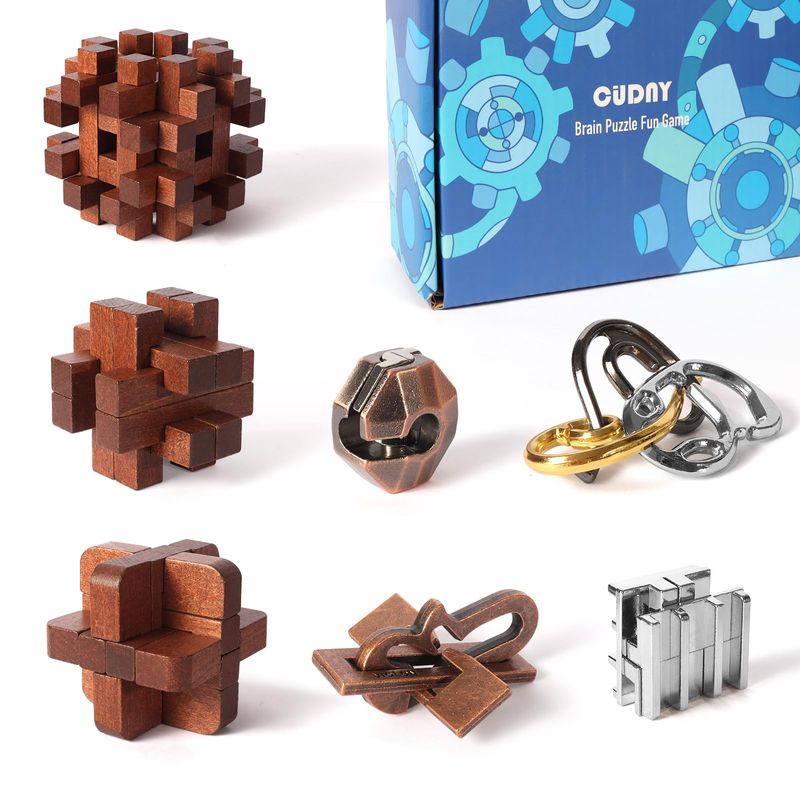 CUDNY 7 Pieces Cool Unlock Interlock Brain Teaser Puzzles Retro Wooden ...